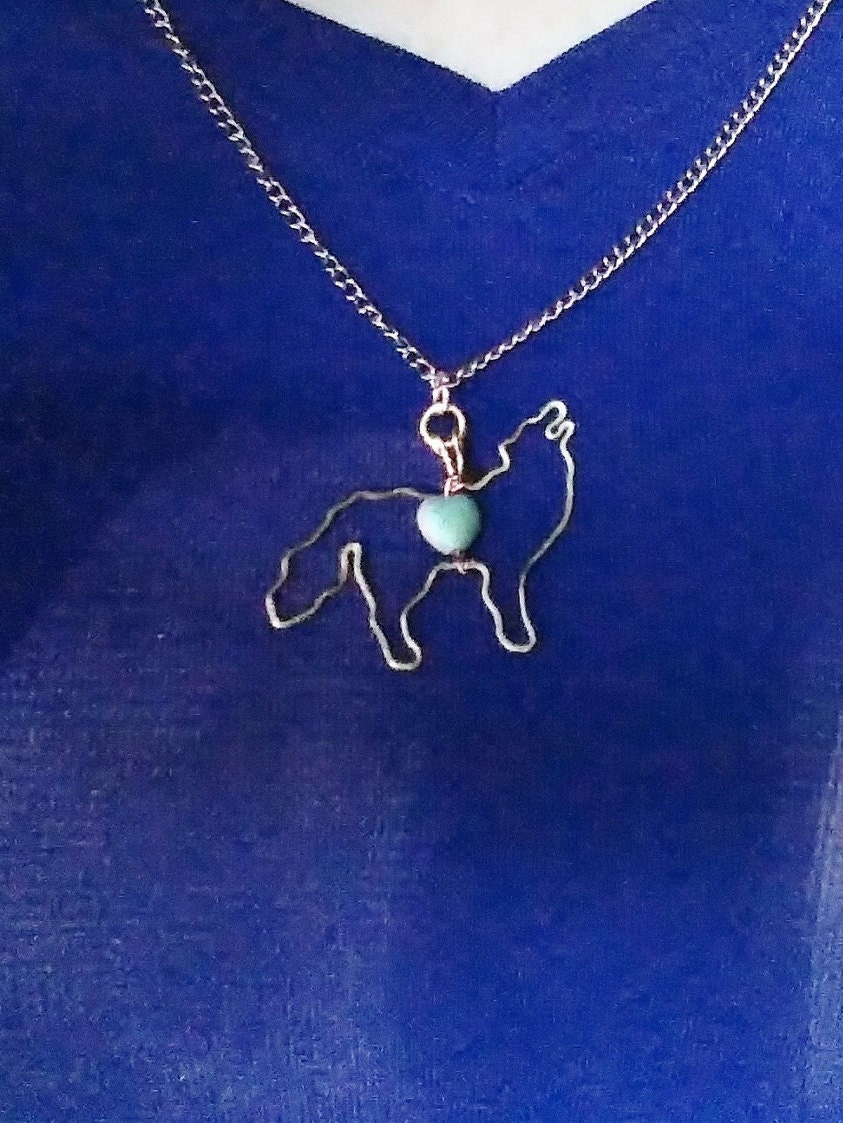 Copper Wire Wrap Wolf with Violet and Green Heart Charm for