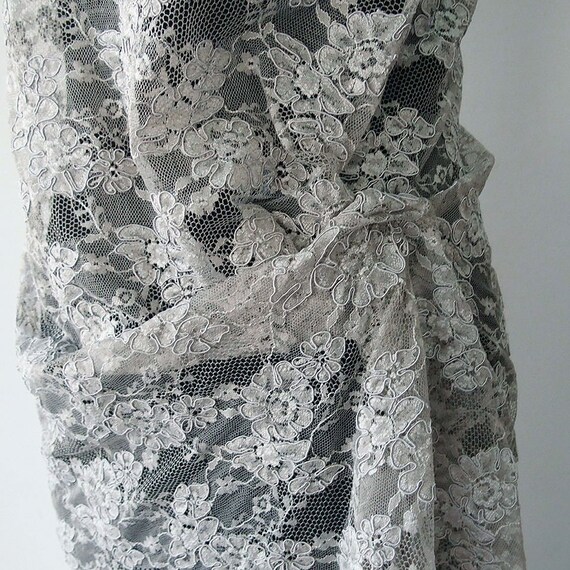 silver grey lace fabric corded lace Alencon by BodikianTextiles
