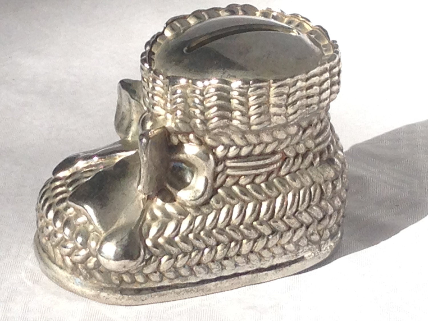 Money Box//Vintage French Chromed Metal Money Box For Baby//Baby Boot ...