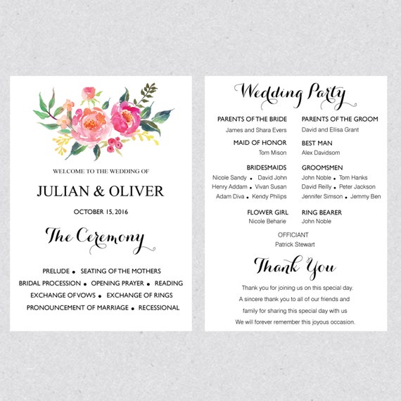 Printable Boho Wedding program template cardFloral watercolor