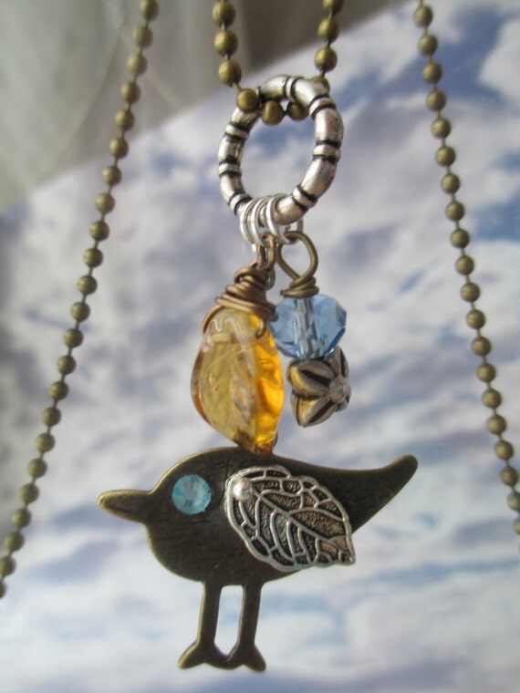 Items similar to Bird Necklace Brass Bird Charm Necklace Czech Leaf ...