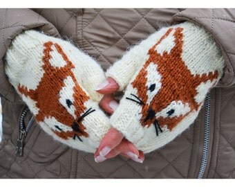 Knit Fox Mittens Gloves Hand Knit Fox Mittens-Adult Size