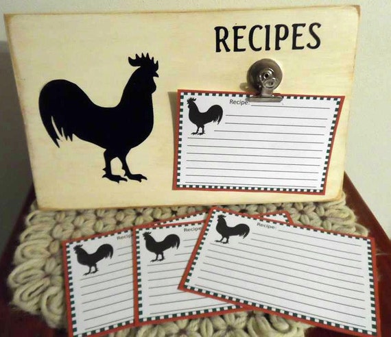 Items similar to Recipe card holder, recipe cards, rooster decor ...