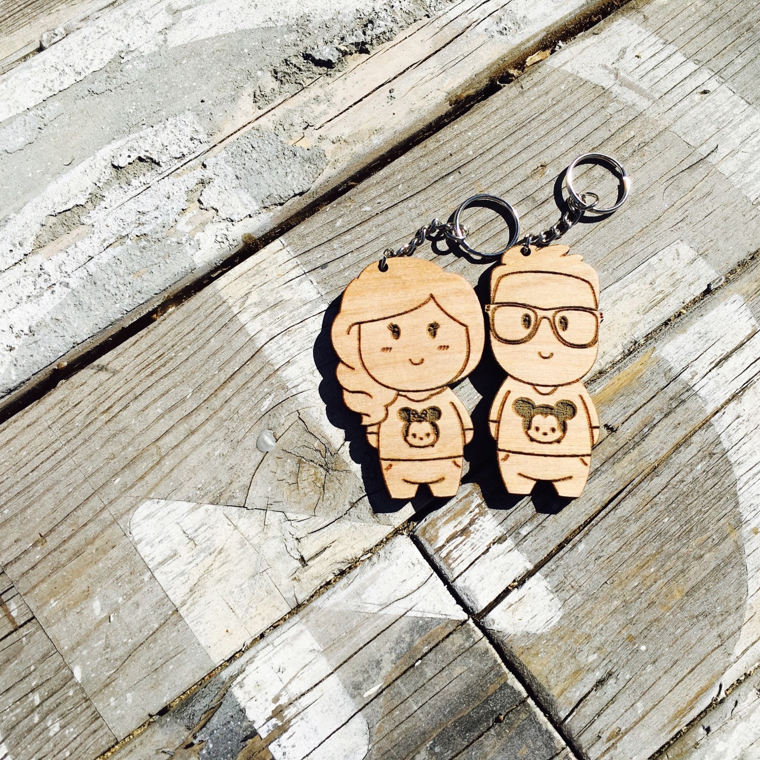 Personalized Wood Engraved Character Keychains 2 Pairs