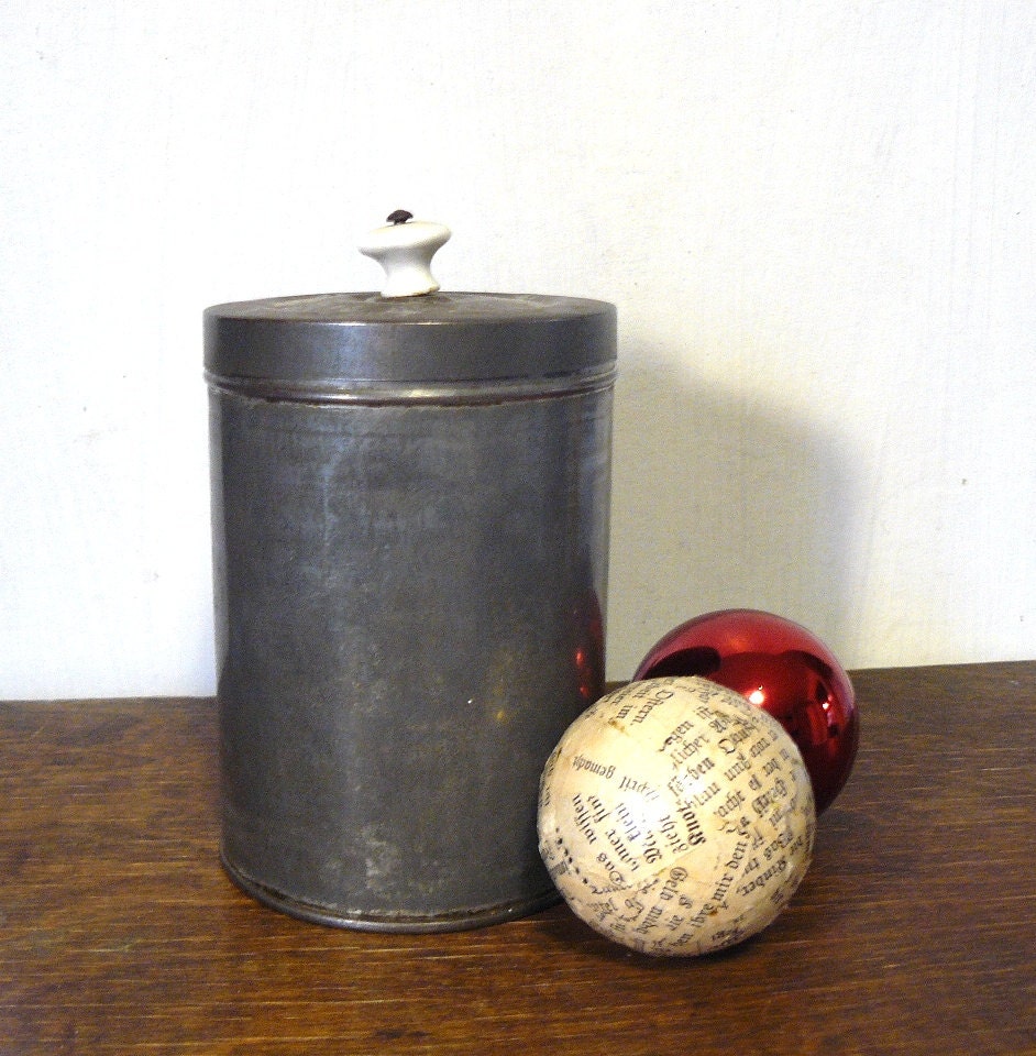 Vintage tin Canister with ceramic Button, Old Metal Storage Jar ...