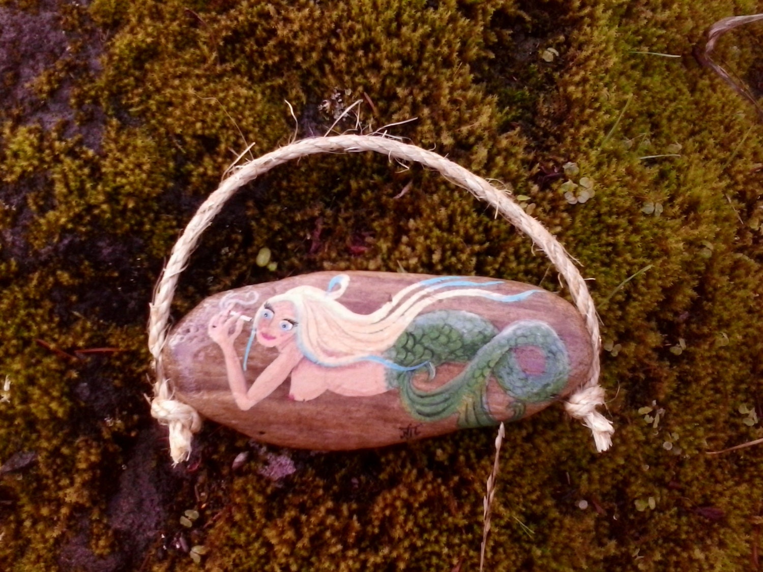 Weed smoking mermaid driftwood hanging art