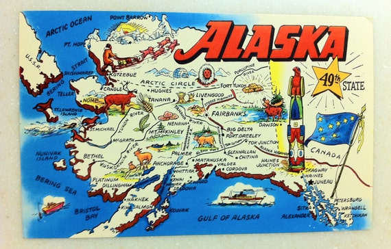 Vintage State Postcard Alaska Map 49th State