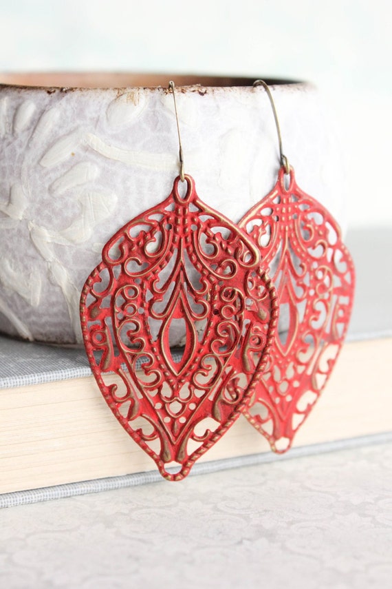 Rust Red Earrings Red Patina Big Filigree Earrings Long