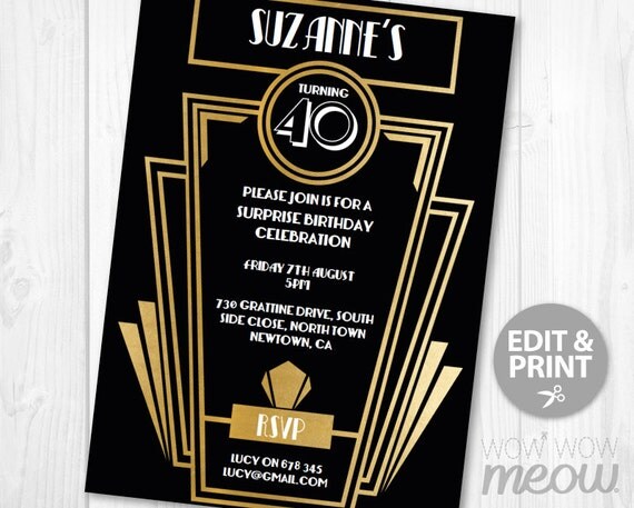 Roaring 20s Invitation Art Deco Birthday Invite 1920s Party Roaring 20s Invitation Art Deco Birthday Invite 1920s Party