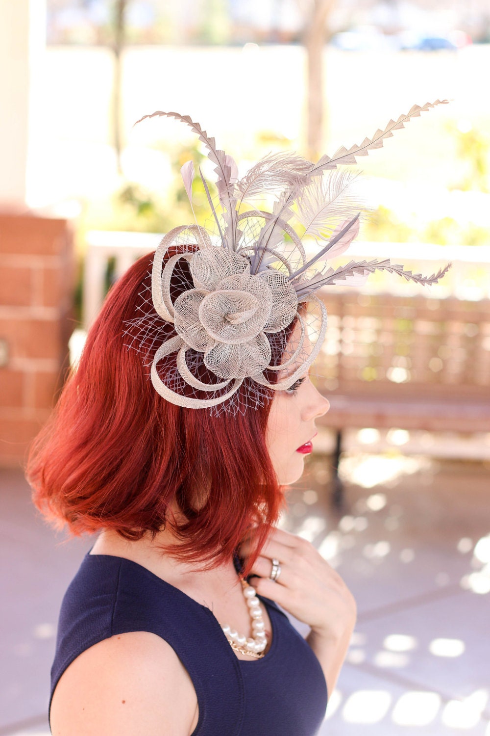 Gray Silver Fascinator Womens Tea Party Hat Church Hat