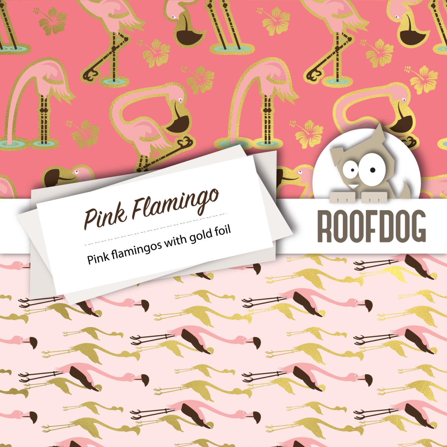 Flamingo digital paper gold foil flamingos by RoofdogDesigns
