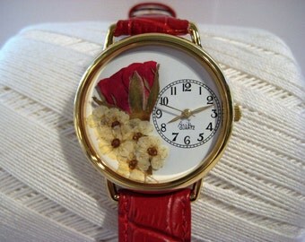 Red Womens Watch Leather Wrist Watch with by PurplePetalStudio