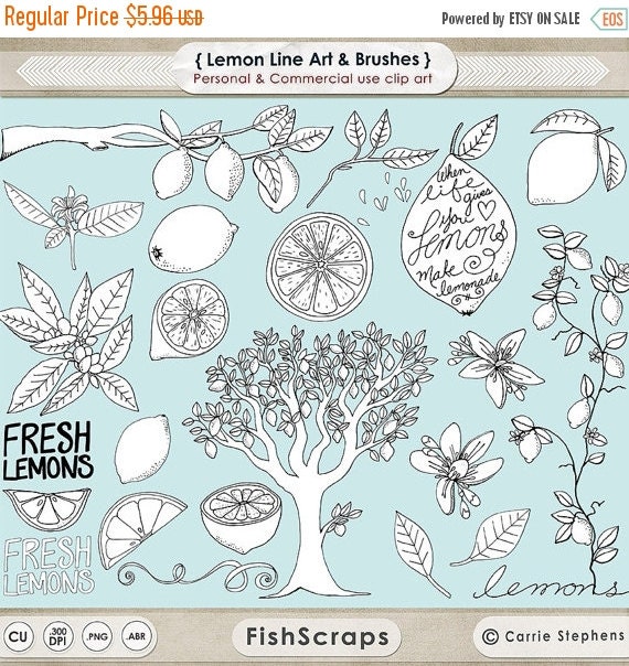 50% SALE Fresh Lemon Digital Stamps Lemon Tree Line by FishScraps