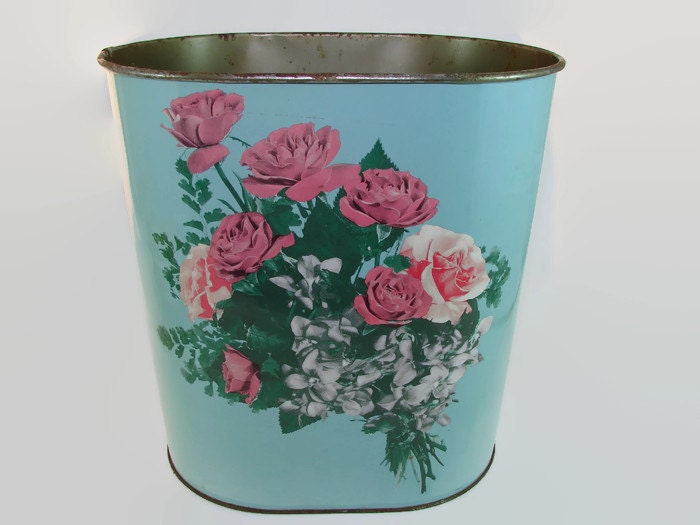 Vintage Metal Waste Basket with Roses, Green Trash Can with Pink Roses ...