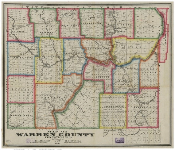 Warren County Pennsylvania 1865 Wall Map with Land by Oldmap