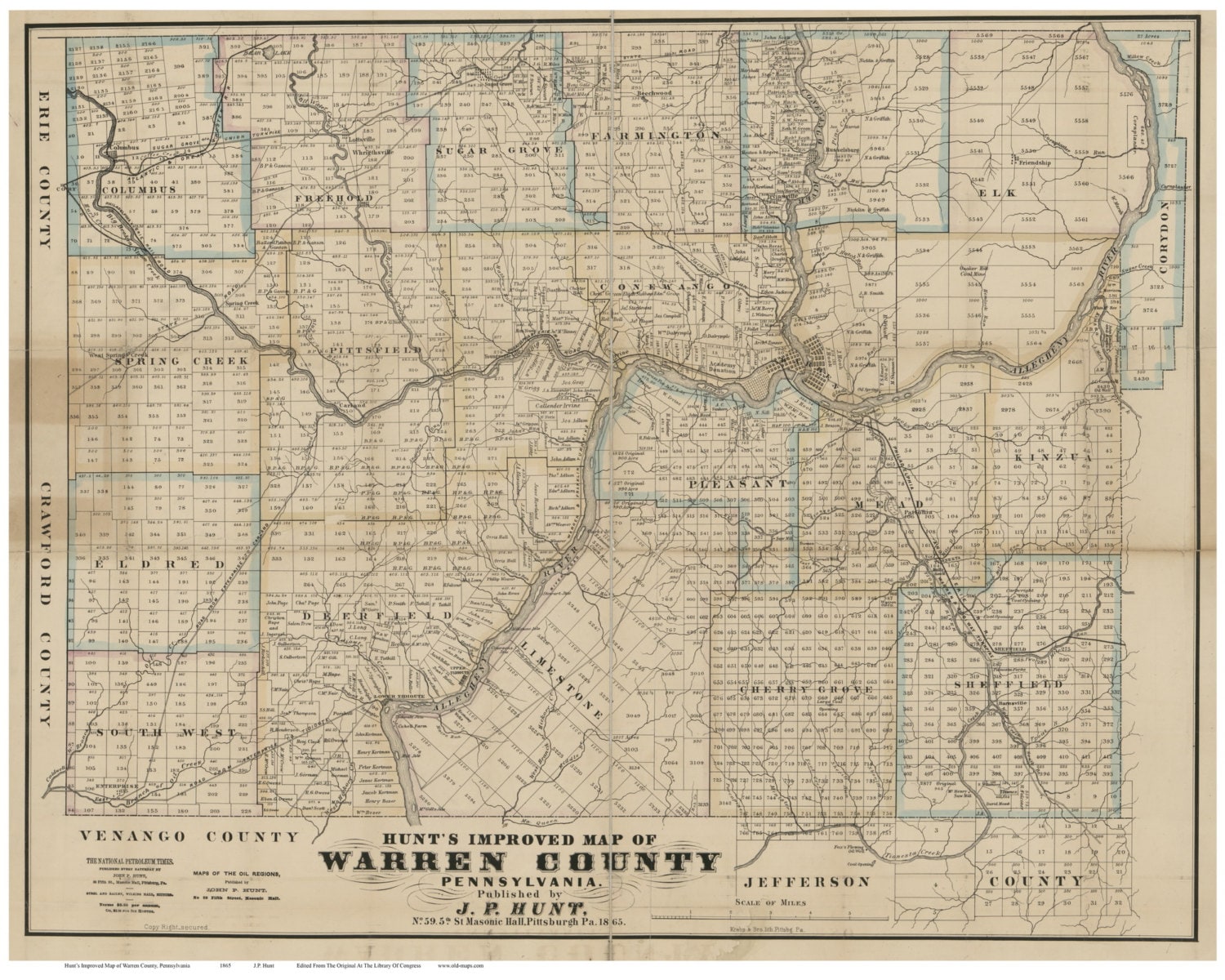 Warren County Pennsylvania 1865 Oil Regions Map with