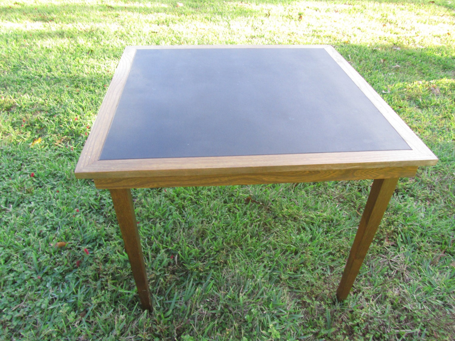 Vintage card table,folding table,vintage wood table,black top,oak table ...