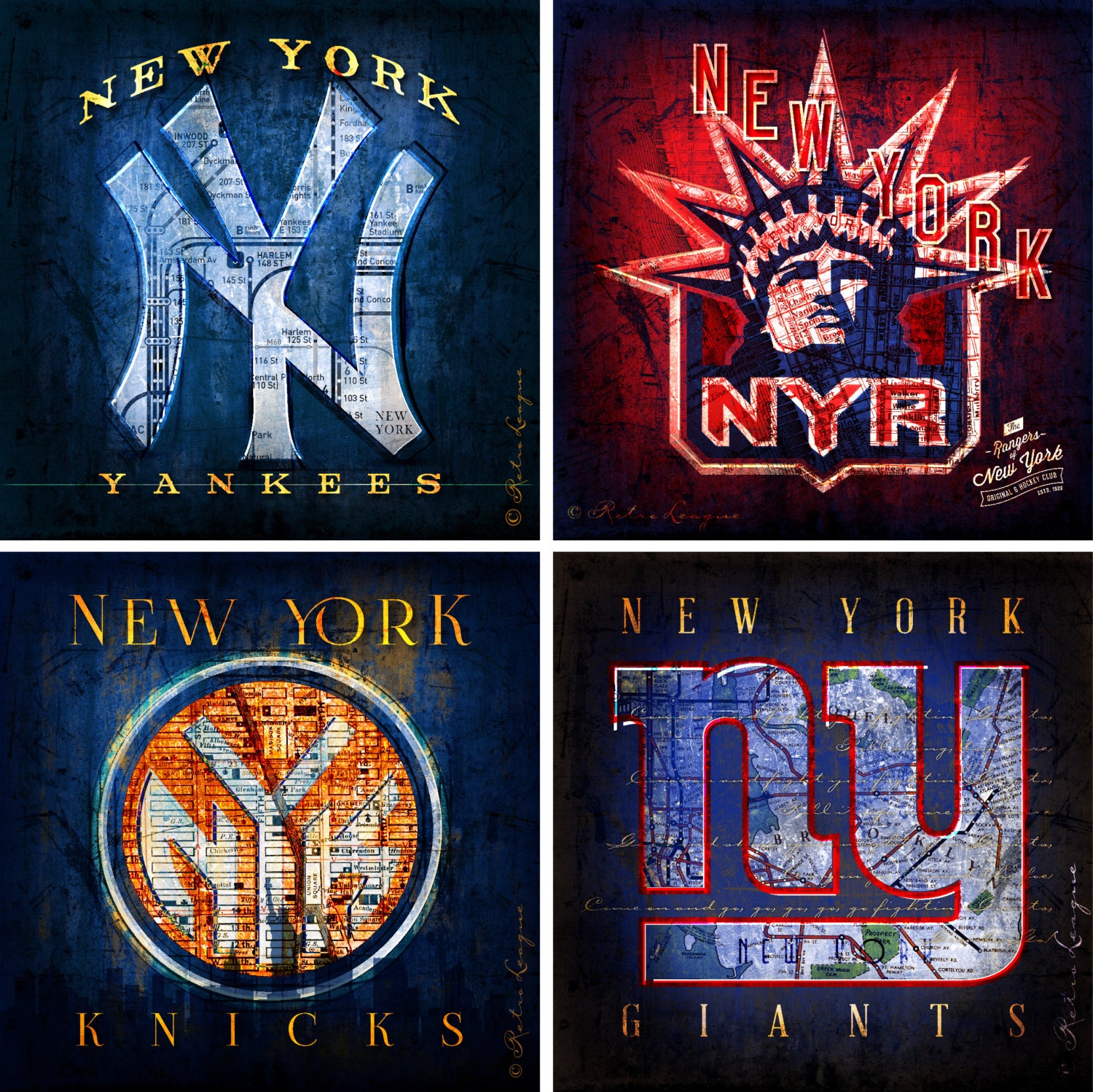 Yankees Rangers Giants Knicks Maps 4-Pack New York Fan