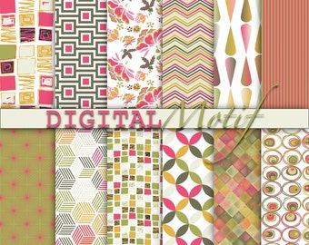 Pink Green Digital Paper: SPRING DEW Retro froral