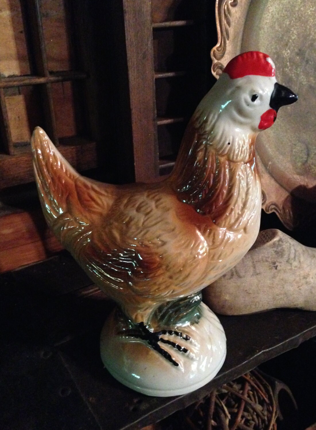 Brown Chicken Figurine Vintage Rooster Ceramic Hen Rustic