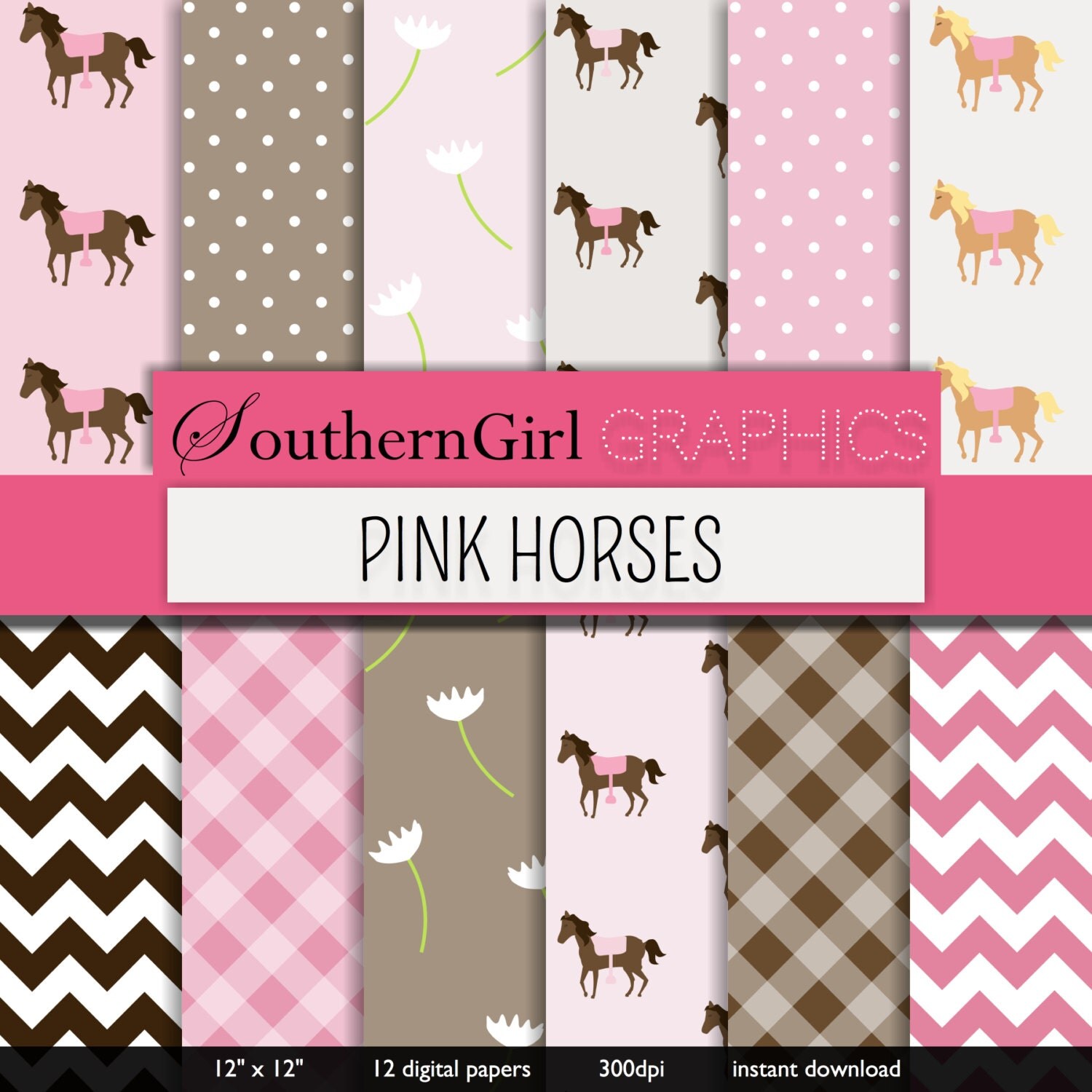 Pink horse digital paper: PINK HORSES with pink