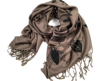 Insect Scarf. Bug print pashmina linen weave. Black