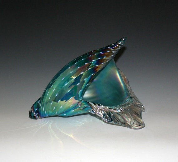 Items Similar To Hand Blown Glass Sea Shell Sculpture Teal Green And Turquoise With White Dots