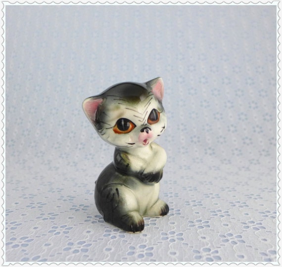 Vintage Cat Figurine Cute Kitten Figure Black and White Cat