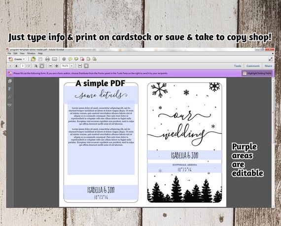 Printable Winter Wedding Program Template Rustic Snow & Pine