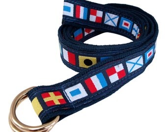 Nautical Code Flag on Navy Webbing Leather Tip Belt