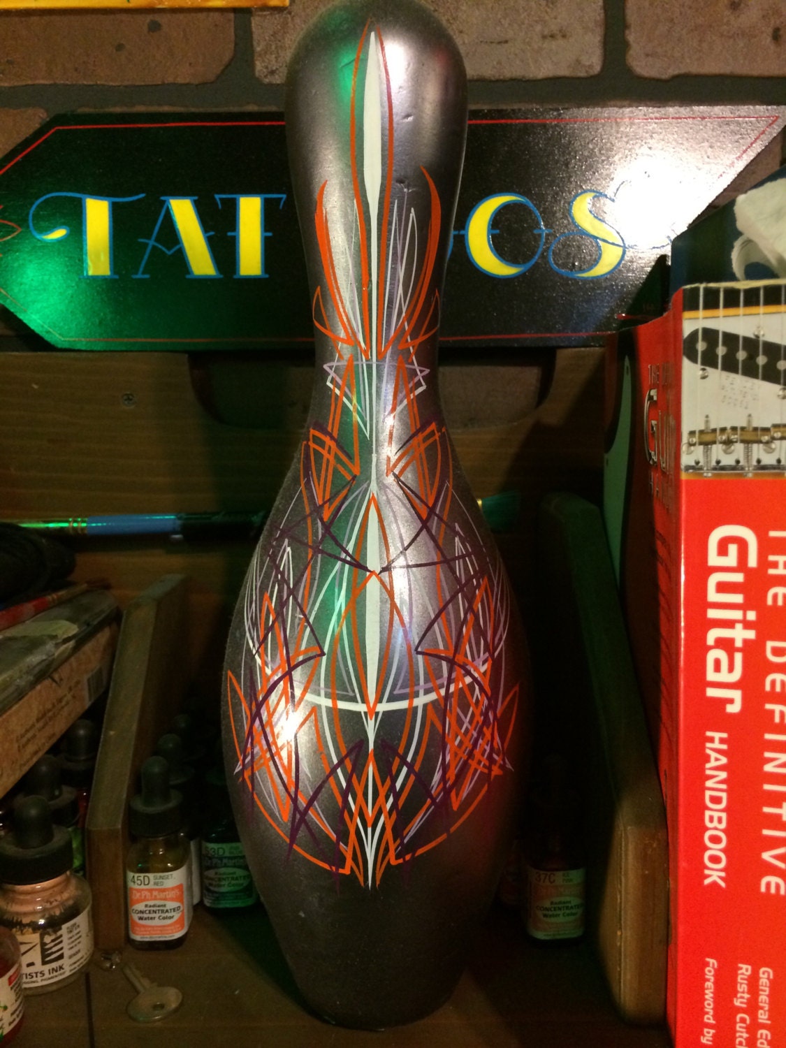 Pinstriped bowling pin hand painted