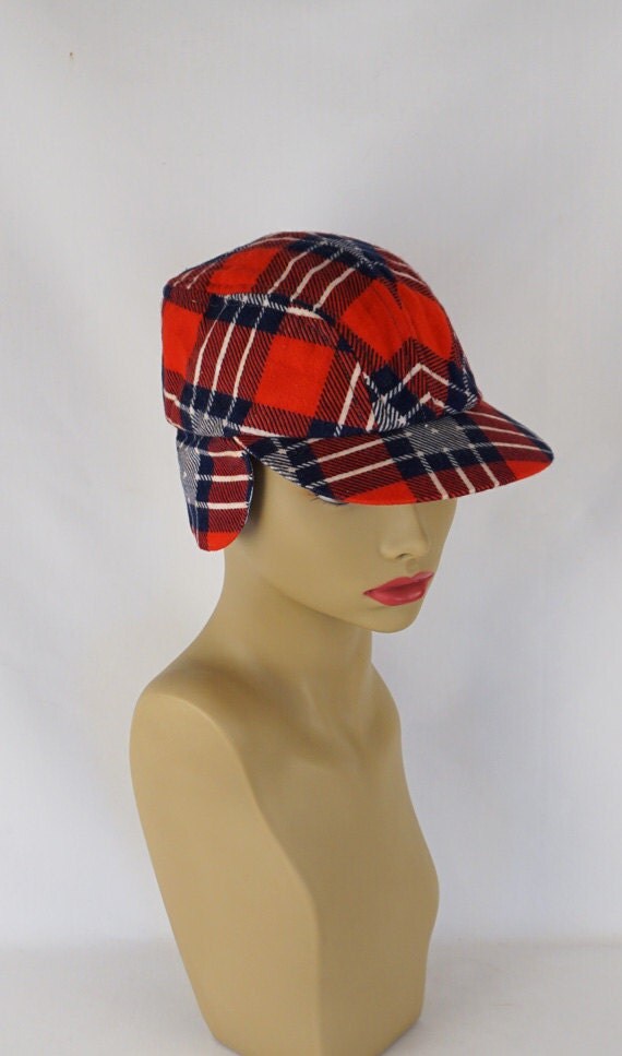 1950s Mans Red Plaid Flannel Workwear Cap with by alleycatsvintage