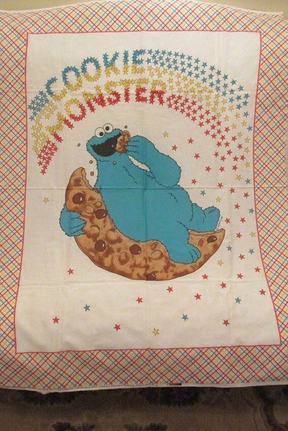 Vintage Cookie Monster Fabric Quilt or Blanket Panel top