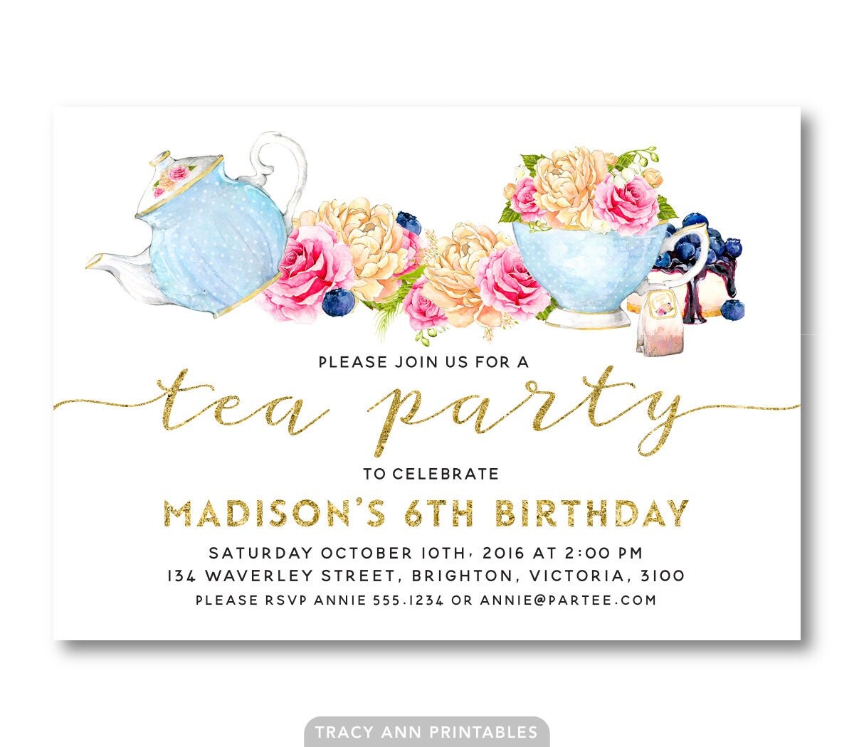 Tea Party Invitation Girl Birthday by TracyAnnPrintables on Etsy