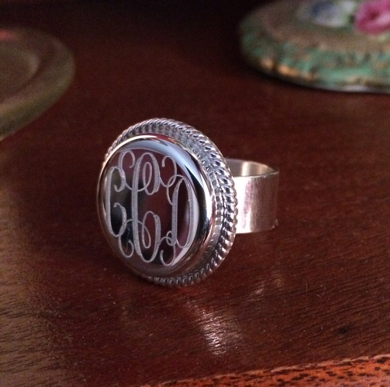 Sterling Silver Monogrammed Ring with Rope Edge