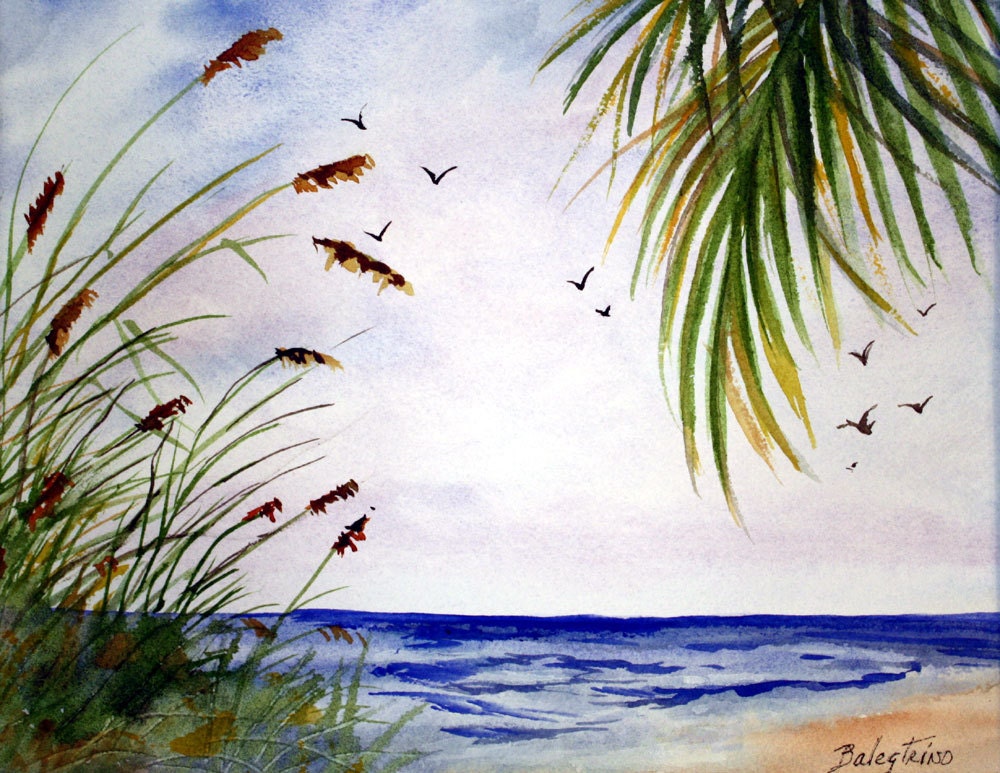 BEACH SCENE Original Watercolor Beach Sea Oats Palm