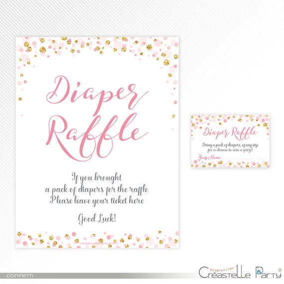 Pink and glitter confetti diaper raffle ticket and sign gold