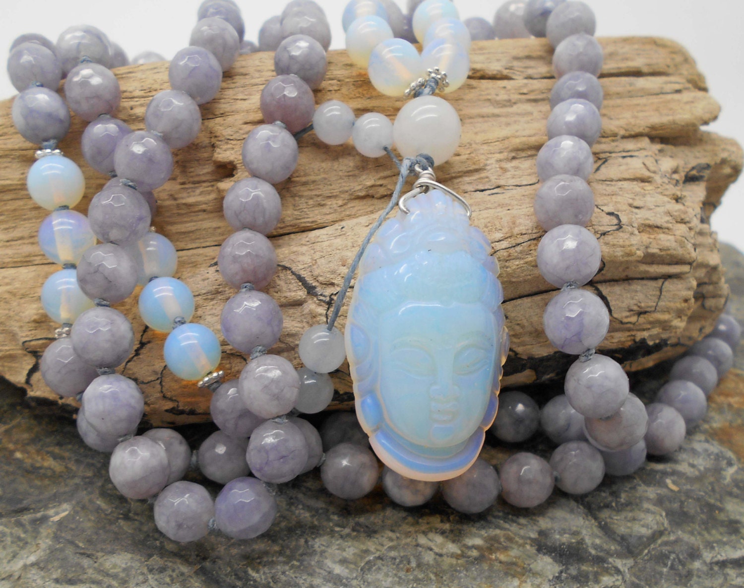 Gray Blue Agate and Opalite 108 Bead Mala with Kwan Yin