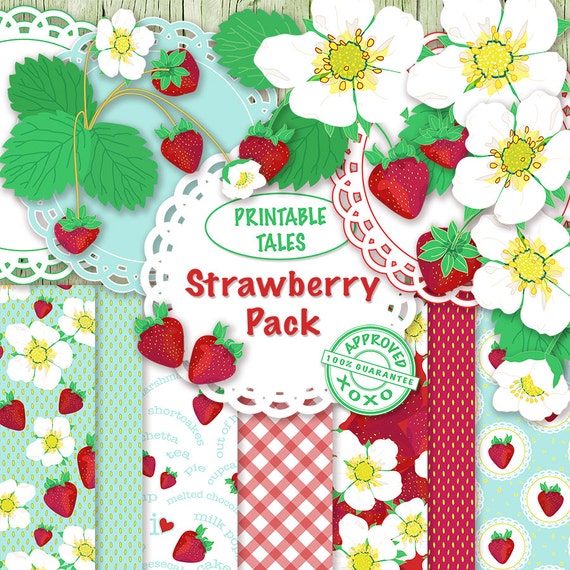 Strawberry Digital Paper Pack Clipart Flowers by PrintableTales