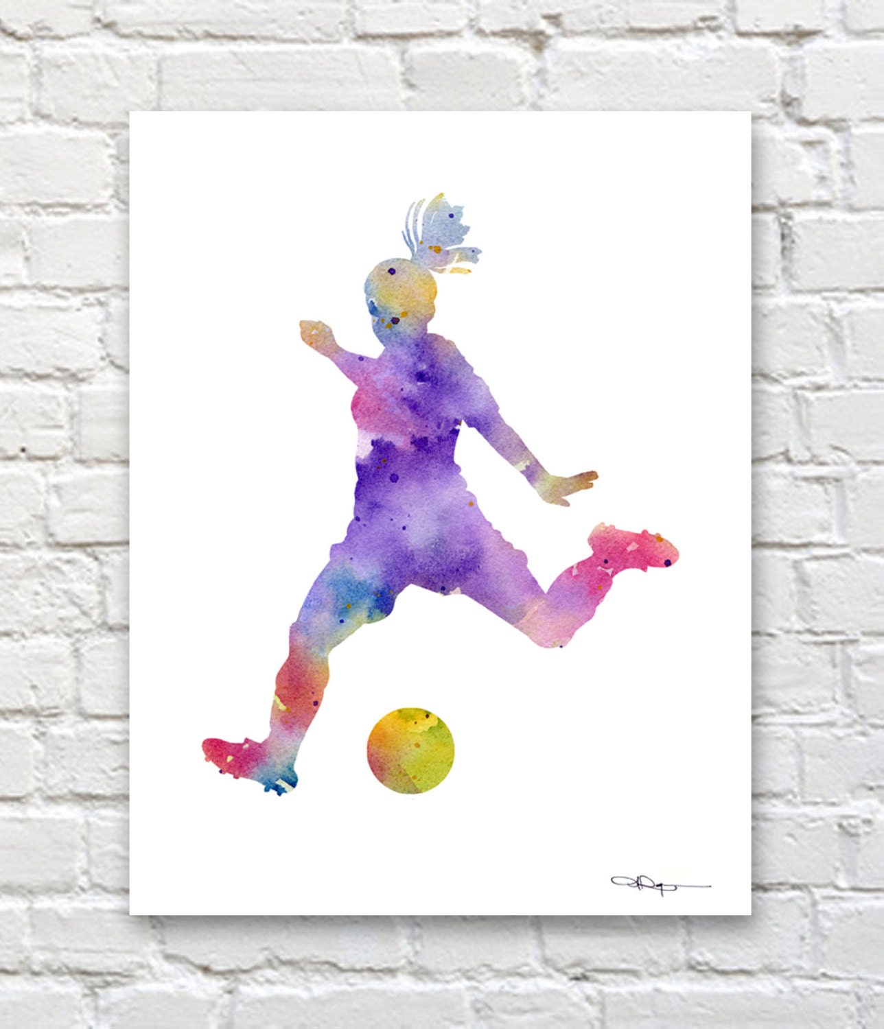 Girls Soccer Art Print Abstract Watercolor Painting Wall