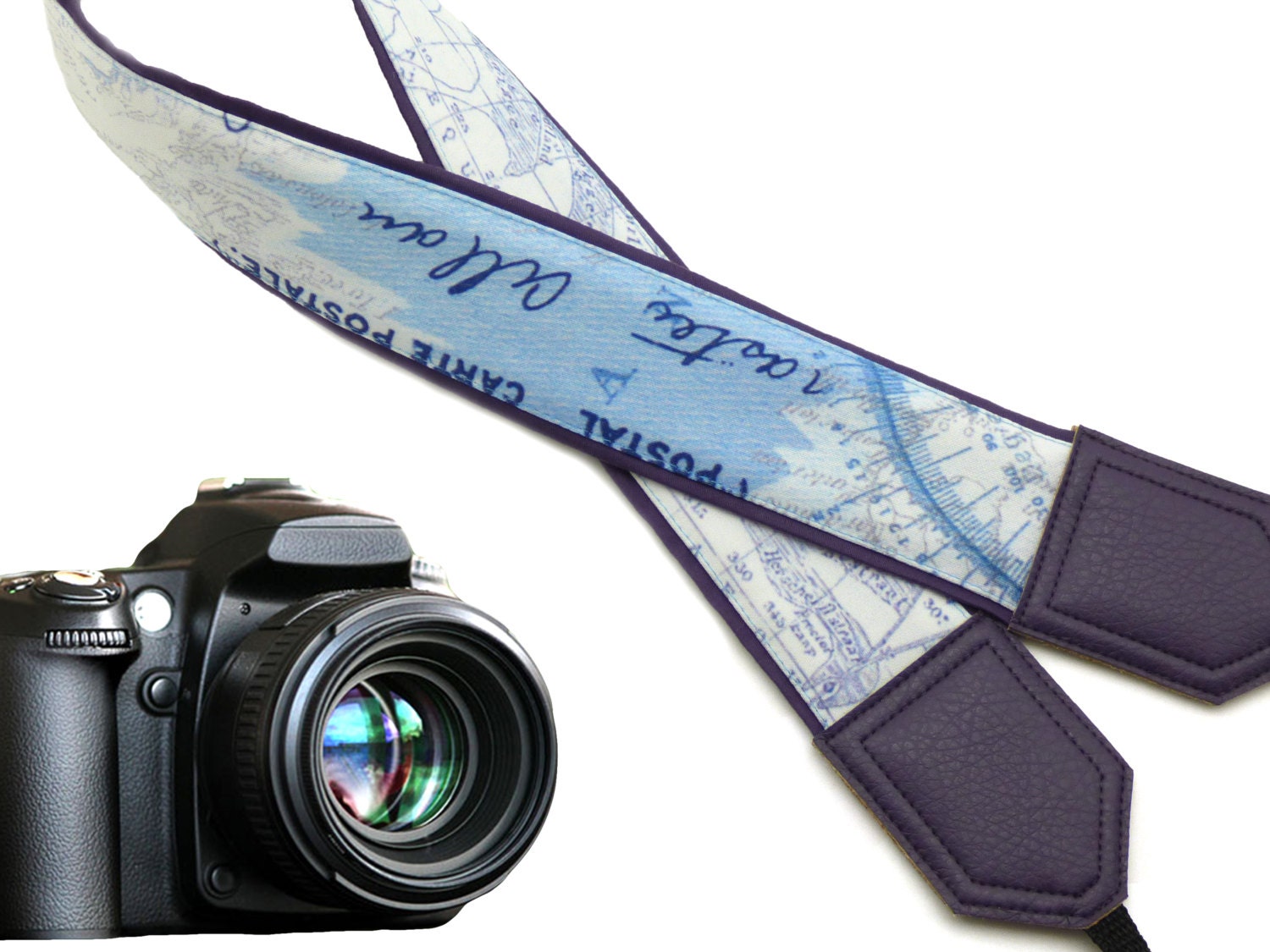 Dark purple DSLR / SLR Camera Strap. World Map Camera Strap.