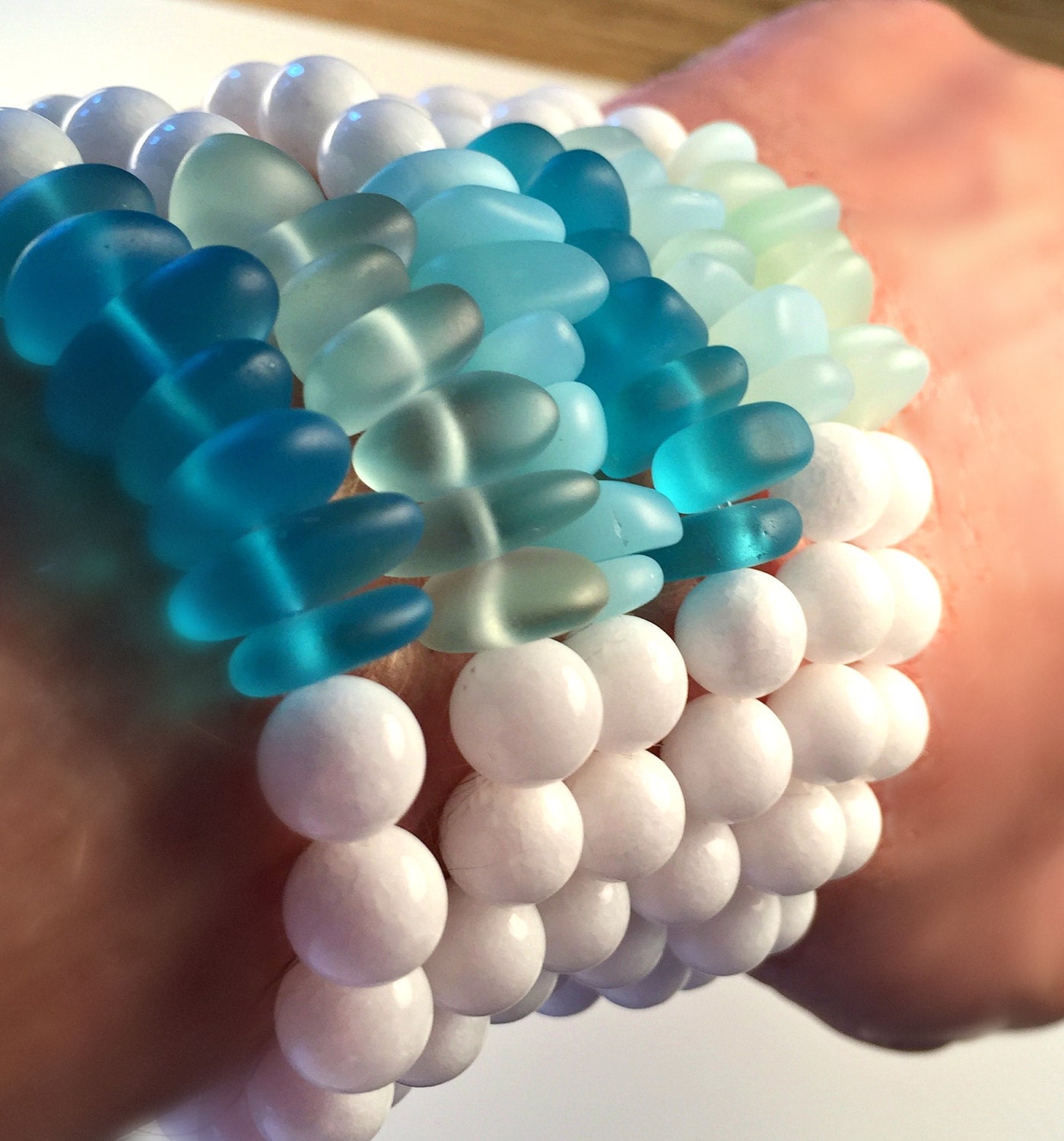 Turquoise Sea Glass & White Shell Bead Bracelet Aqua Beach