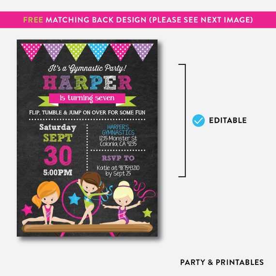 Instant Download Editable Gymnastics Birthday Invitation