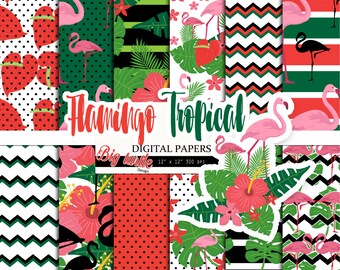 Flamingo digital paper Flamingo mint & coral background