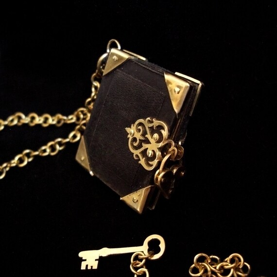 Black Leather and Gold Brass Book Locket Necklace with Heart