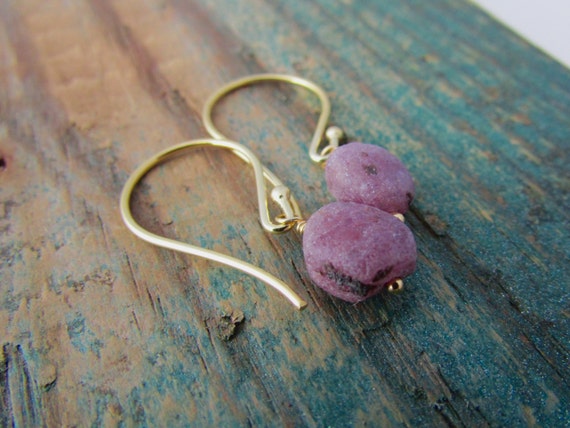 Raw Ruby Earrings rough tumbled ruby gemstone by twobadcats