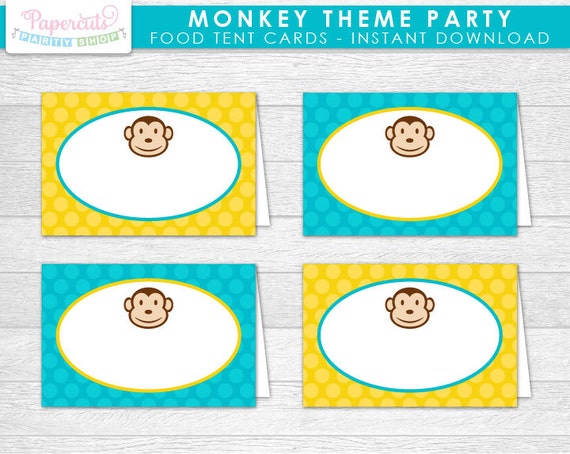 Monkey Boy Theme Party Blank Food Tent Cards Yellow & Teal