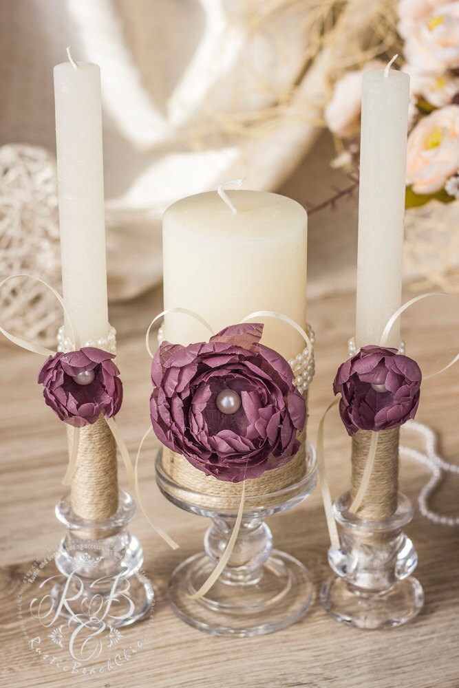 Purple wedding pillar candles flower wedding by RusticBeachChic