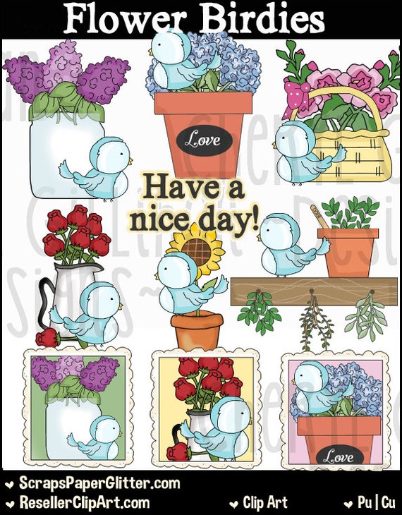 Flower Birdies Clip Art Commercial Use Clipart Digital