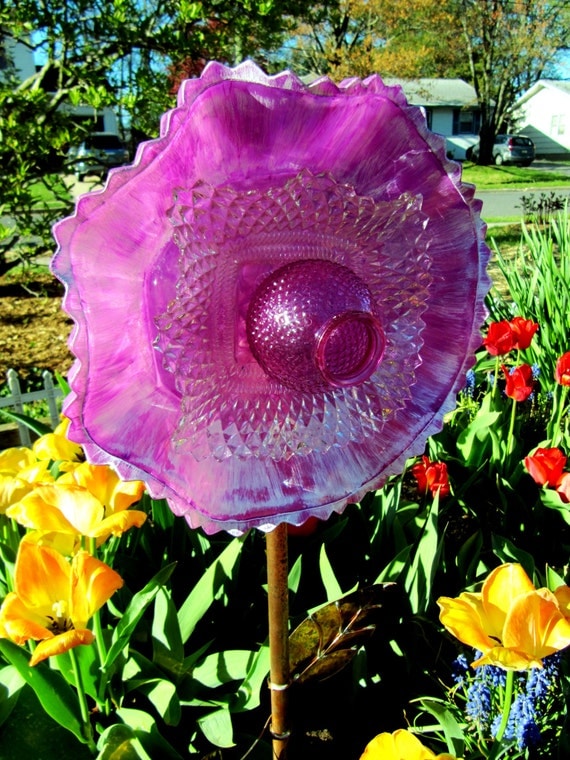 glass art flower garden gift glass plate flower by ADelicateTouch1